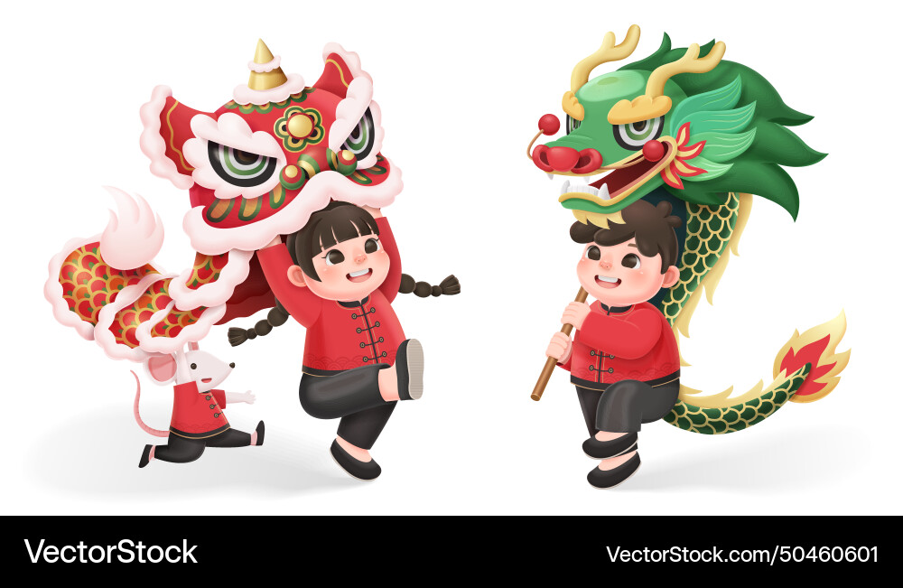 Kids perform lion and dragon dance Royalty Free Vector Image