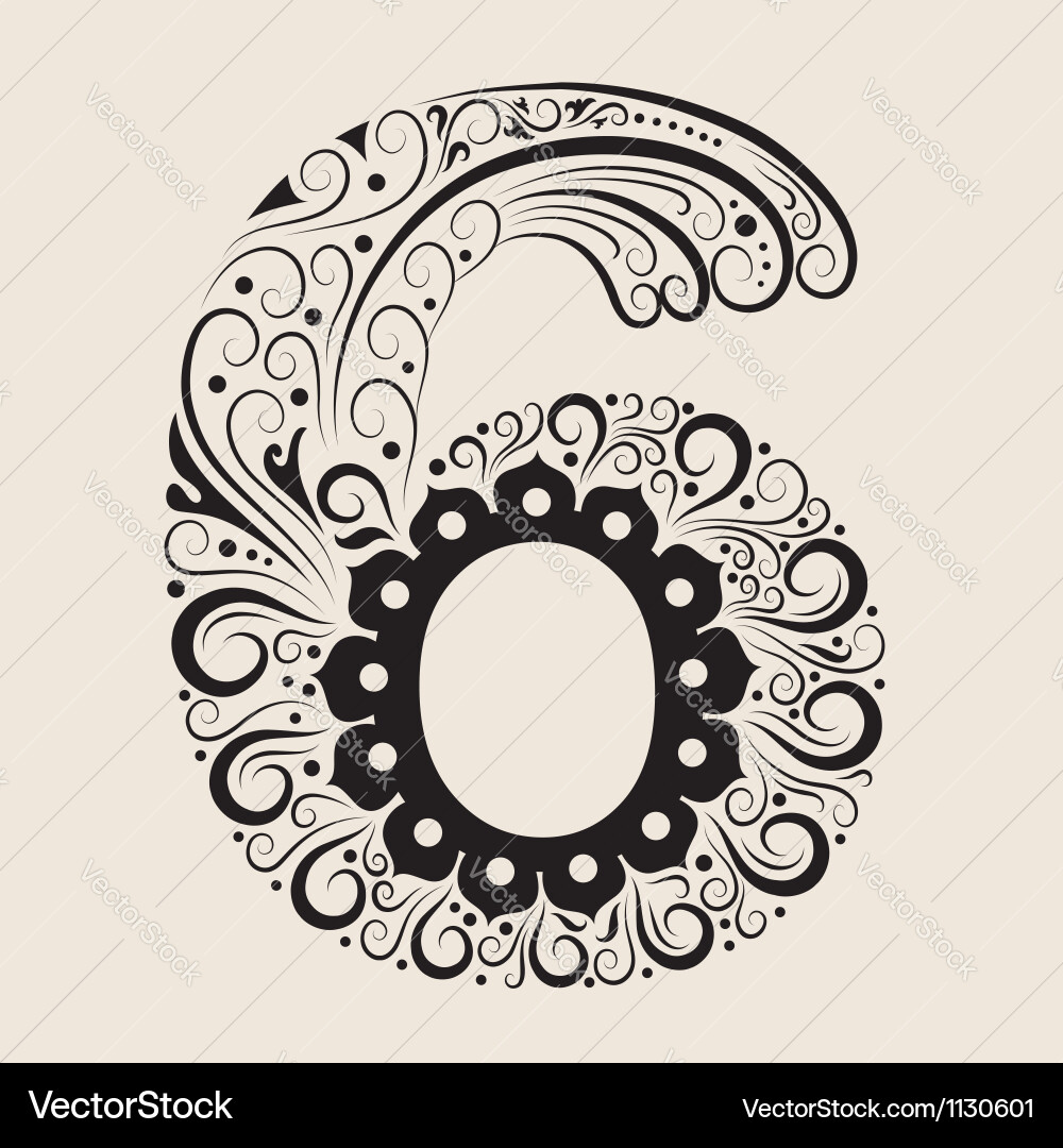Number 6 floral decorative ornament Royalty Free Vector