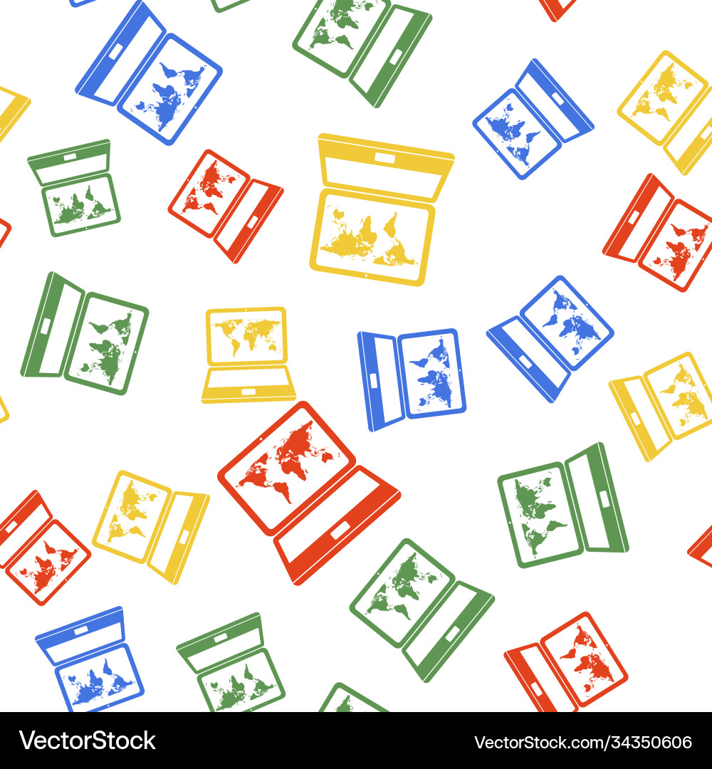 Color laptop with world map on screen icon Vector Image