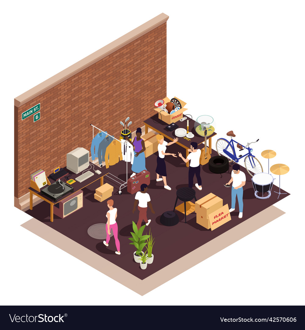 Flea market isometric composition Royalty Free Vector Image