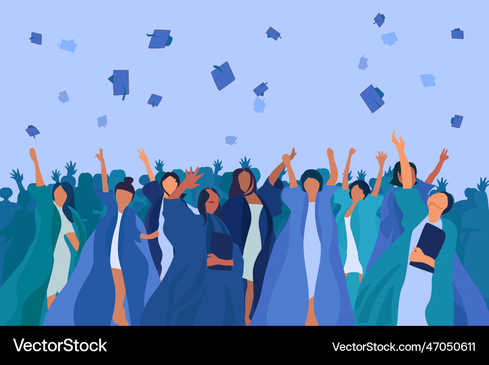 Graduates rejoice and throw their academic hats Vector Image