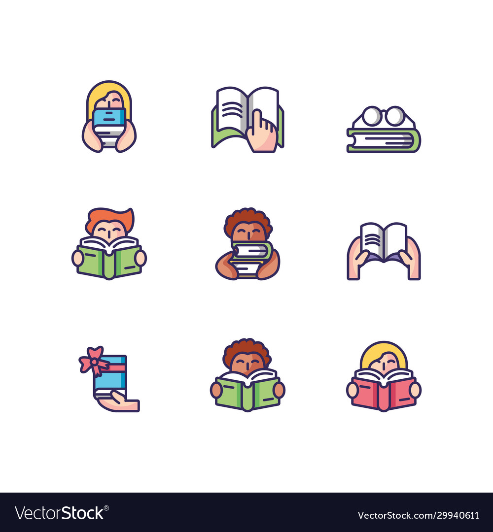 People reading and books icon set line and fill Vector Image