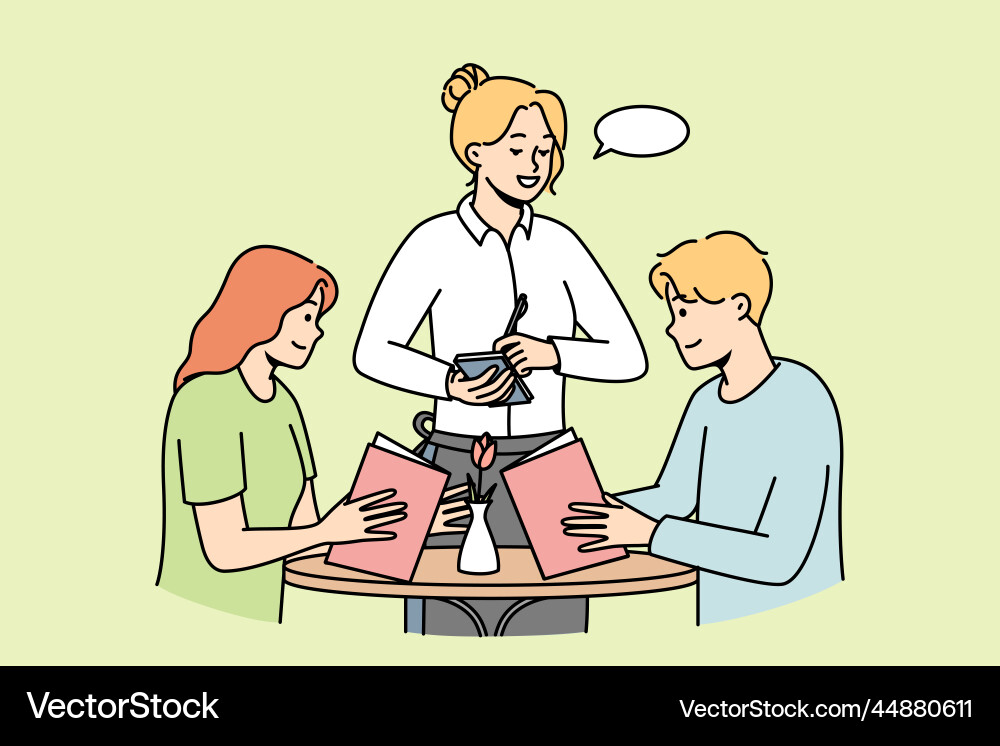Waitress takes order from young couple Royalty Free Vector
