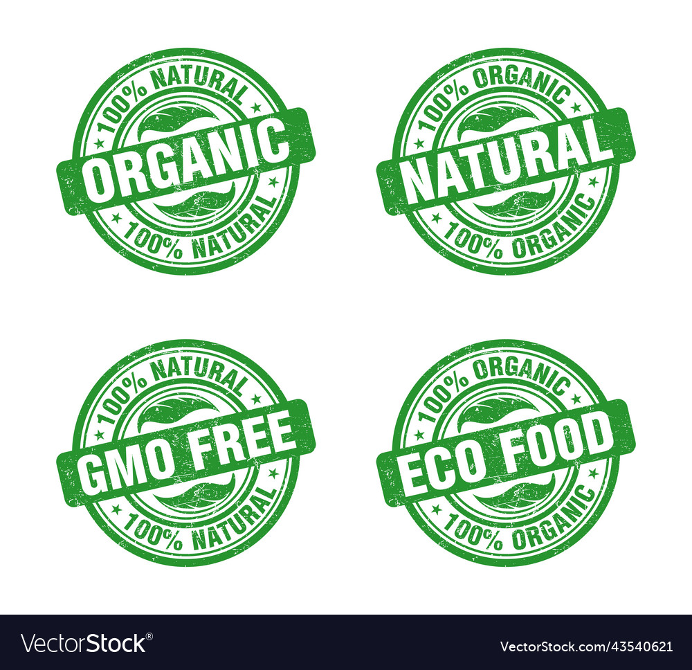Green stamp set with text 100 organic natural Vector Image