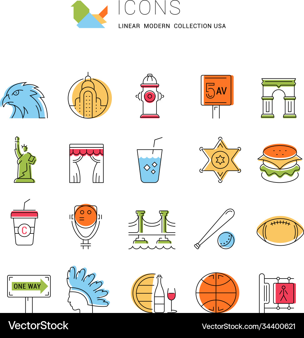 Set flat line icons usa and america Royalty Free Vector