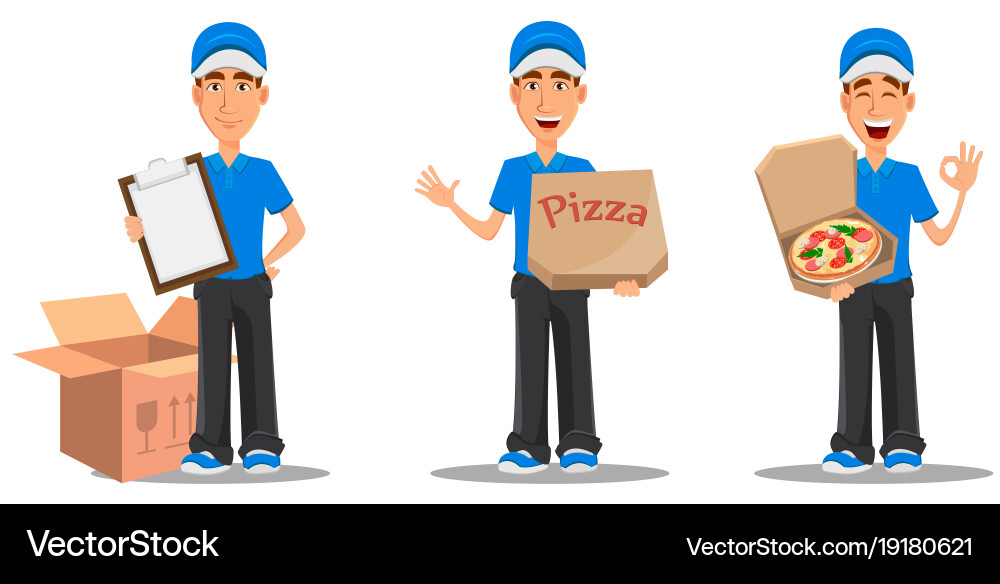Set of smiling delivery man in blue uniform Vector Image