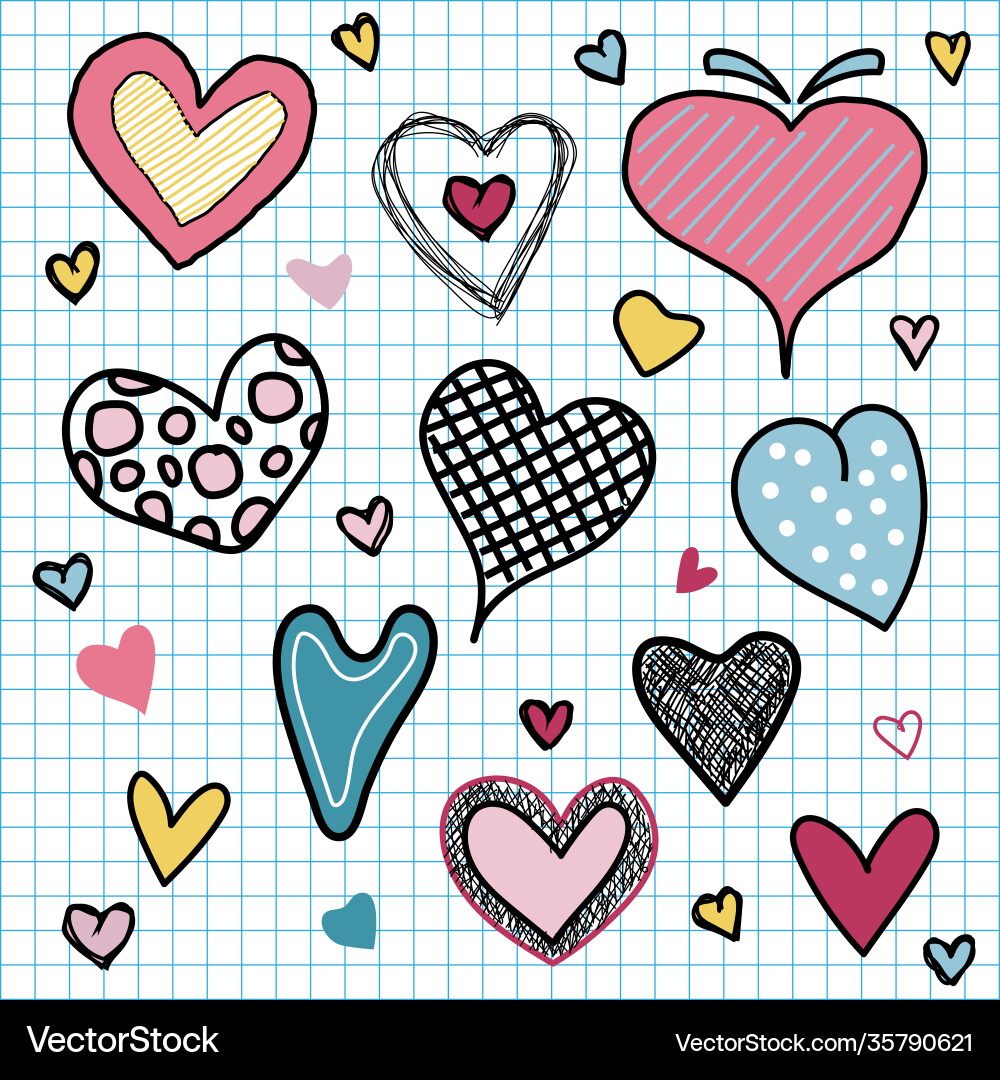 Set valentines day hearts love doodles hand Vector Image