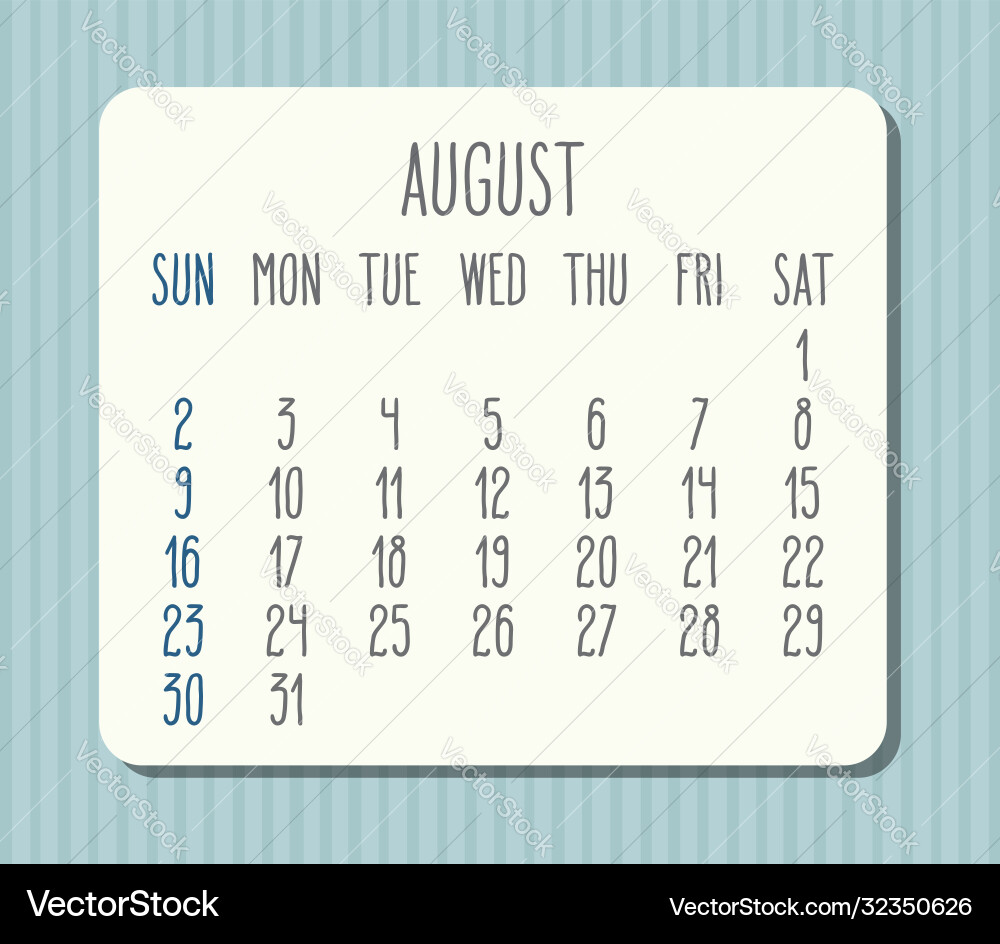August year 2020 monthly calendar Royalty Free Vector Image