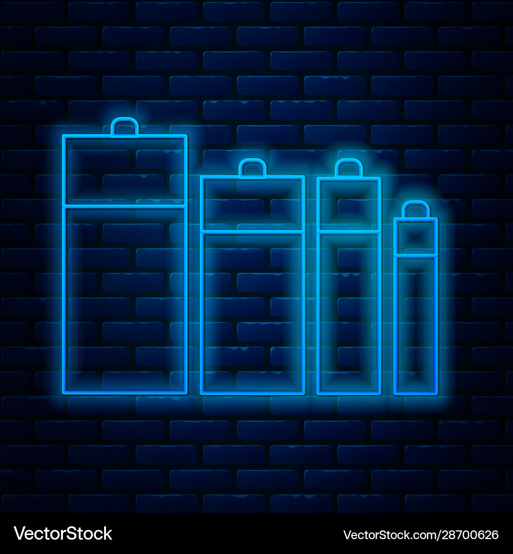 Glowing neon line battery icon isolated on brick Vector Image