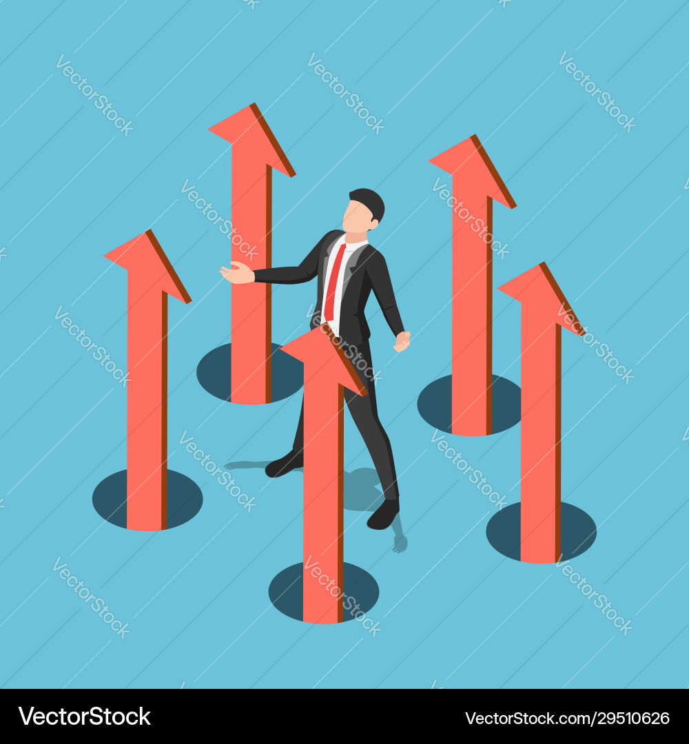Isometric businessman controlling business arrow Vector Image