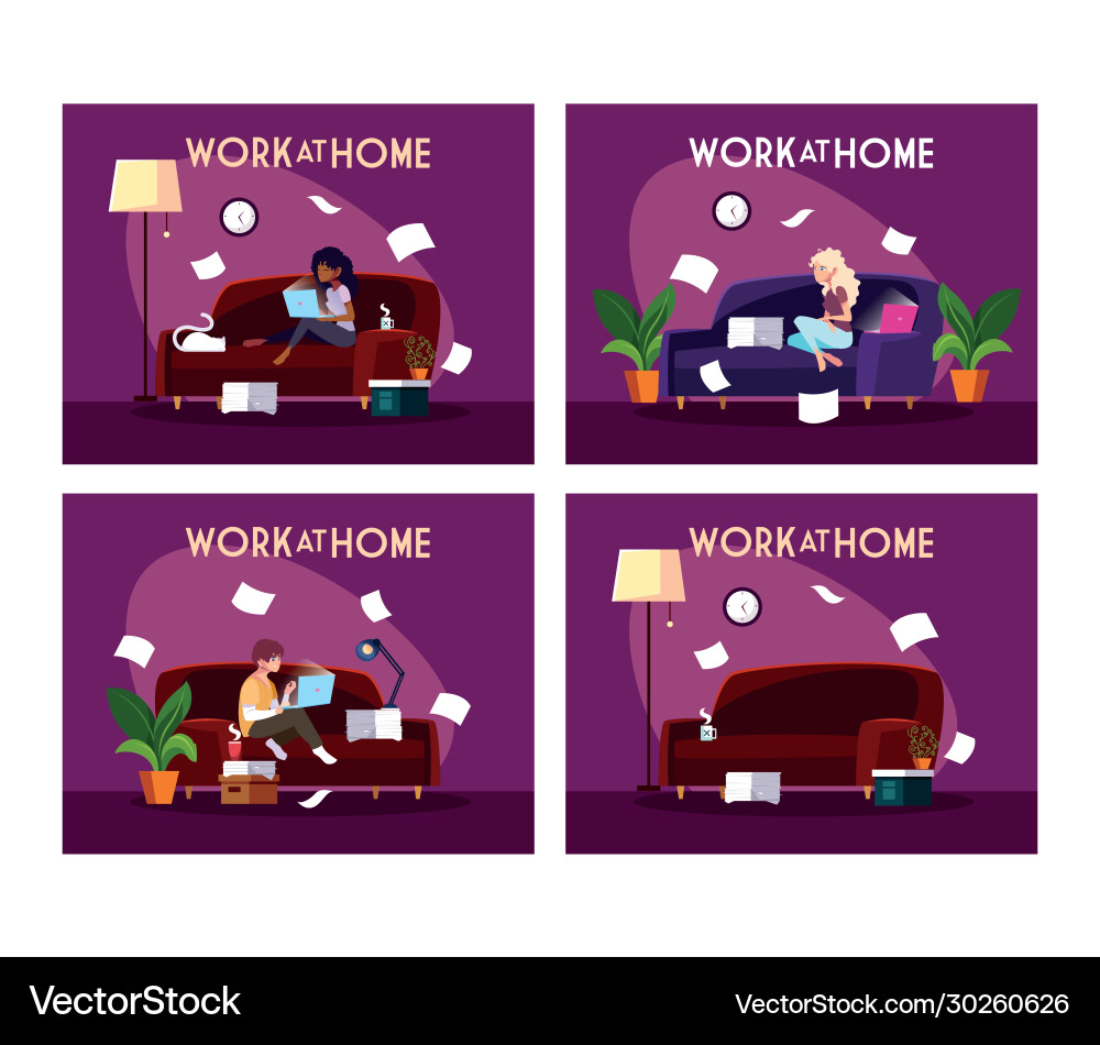 Set cards people working from her home Royalty Free Vector