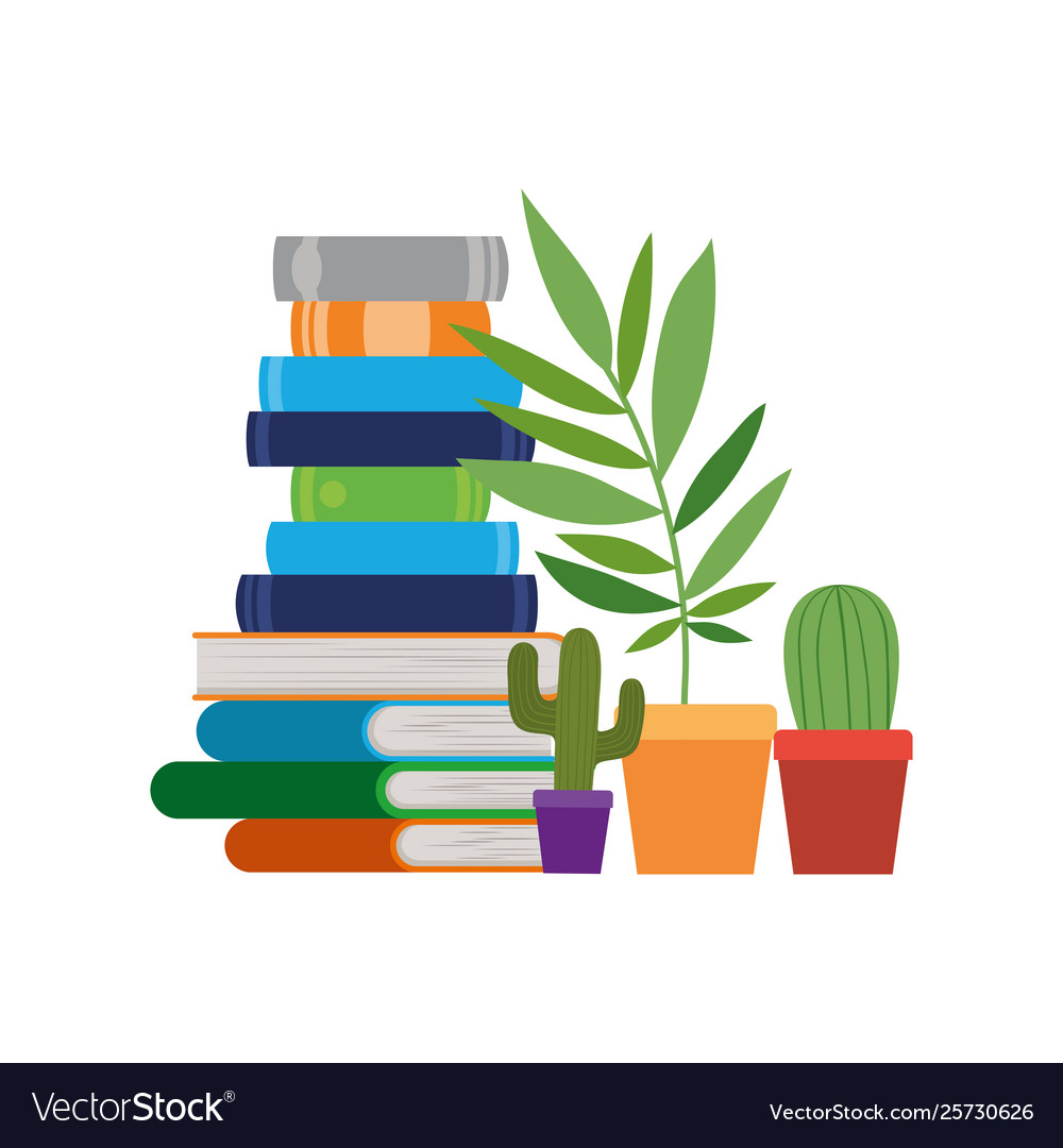 Stack books with houseplant on white background Vector Image