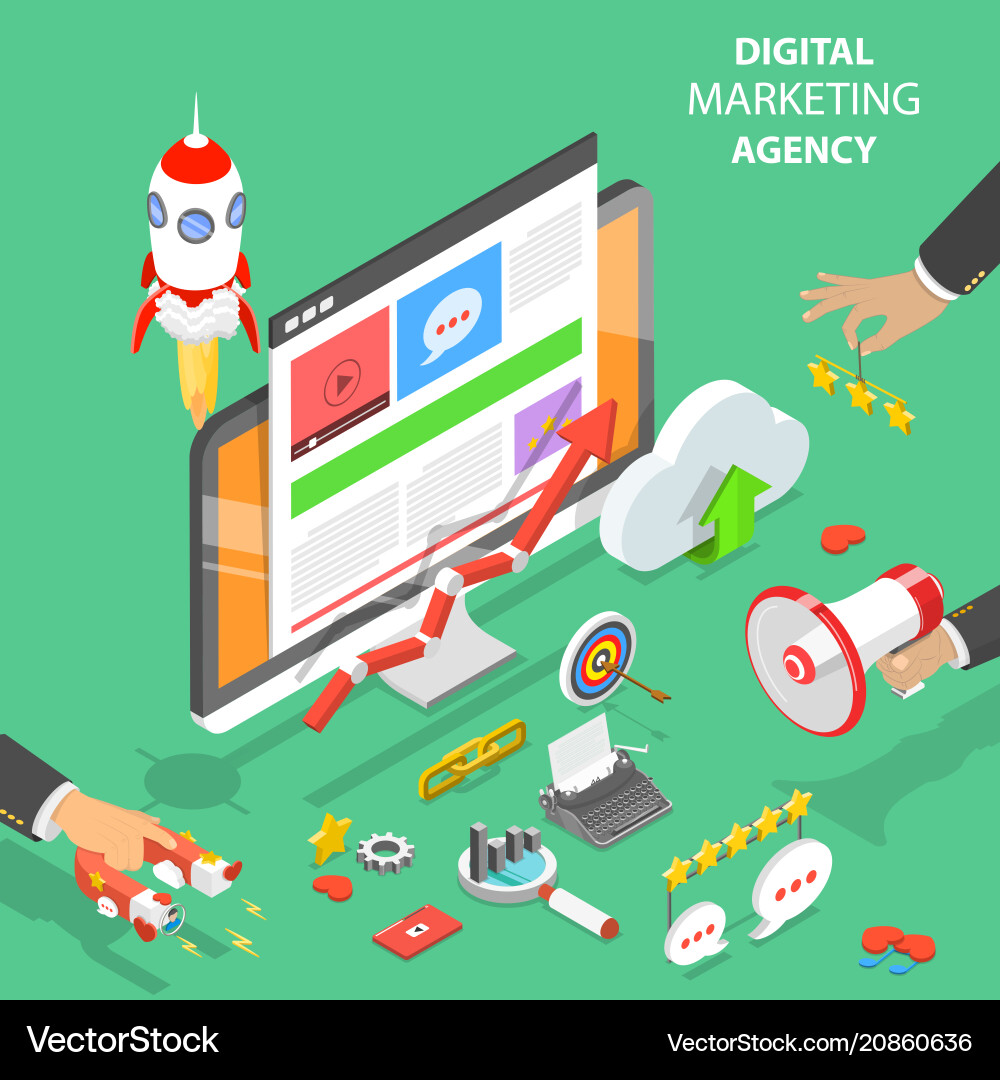 Digital marketing agency flat isometric Royalty Free Vector