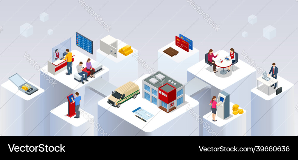 Isometricbank office employees and clients Vector Image