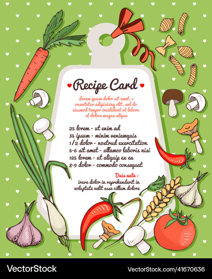 Recipe card with fresh vegetables and pasta Vector Image