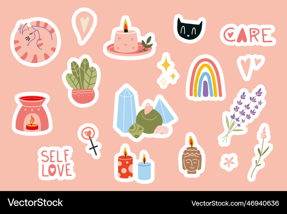 Stickerpack with cozy items cartoon style self Vector Image
