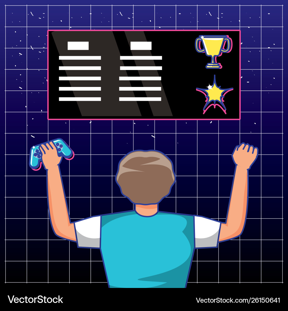 Young video gamer with control and score display Vector Image