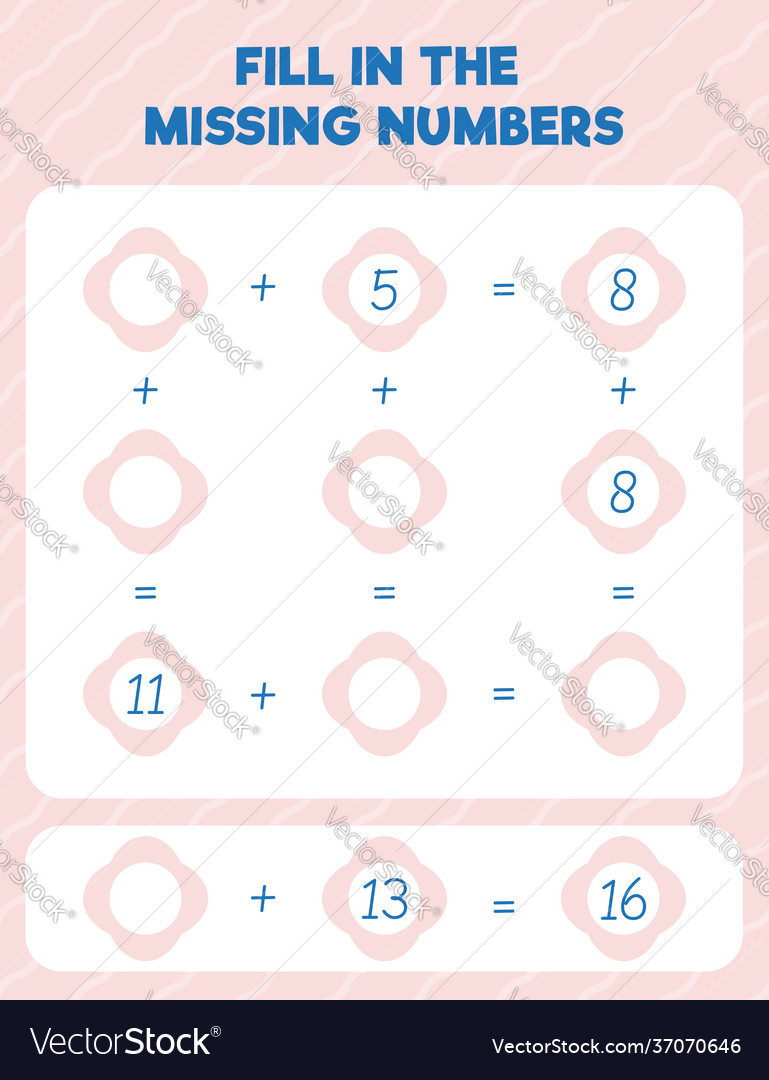 Fill in missing numbers printable maths Royalty Free Vector