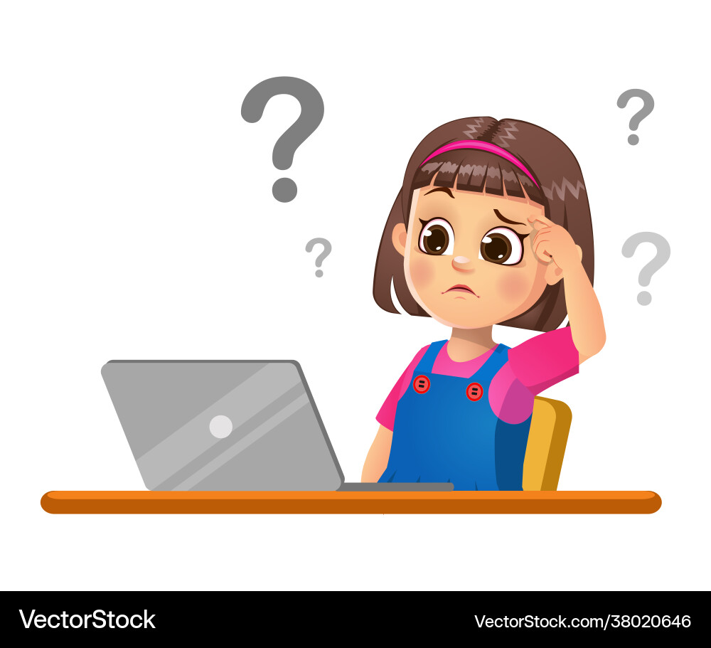 Girl kid is thinking seeing laptop Royalty Free Vector Image