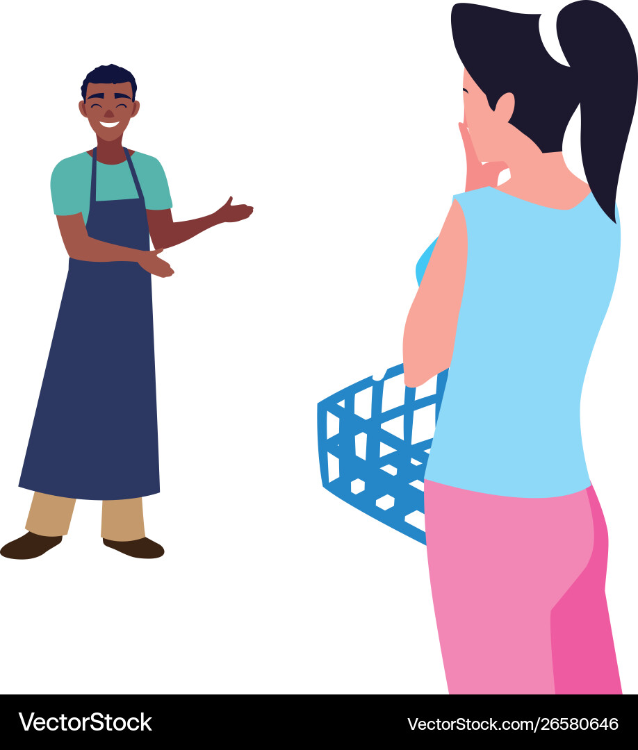 Seller man with customer holding basket Royalty Free Vector