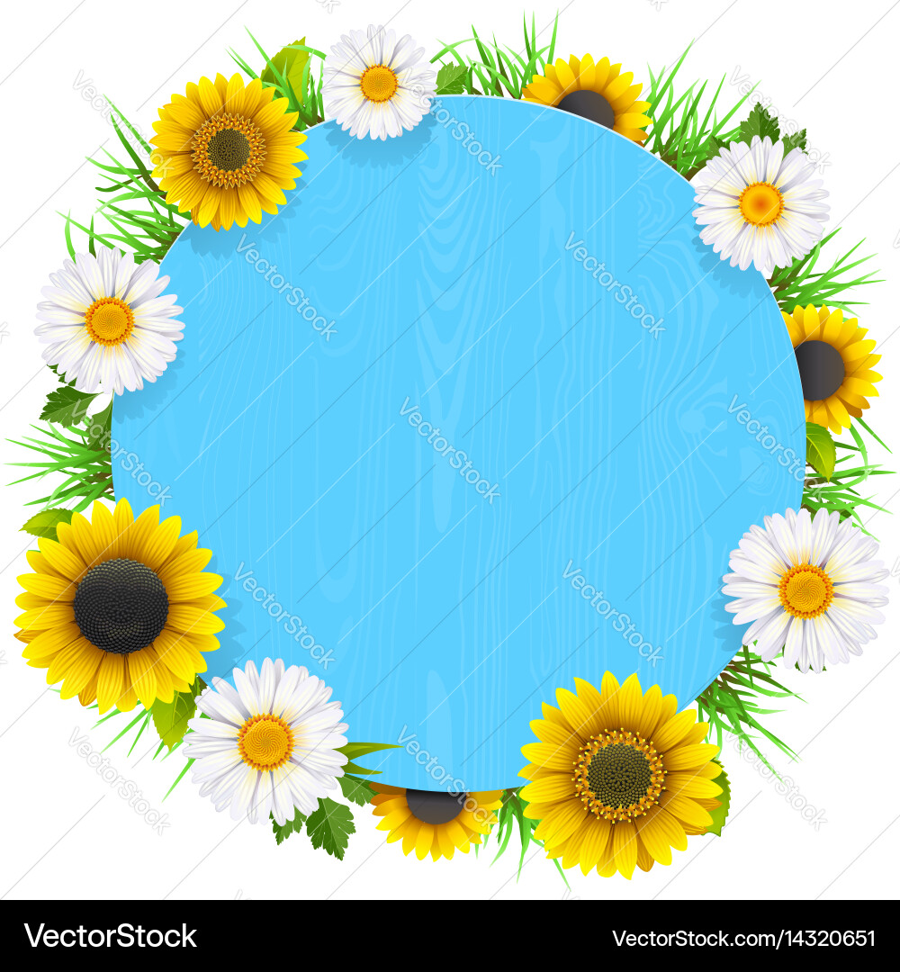 Blue round wooden frame with flowers Royalty Free Vector