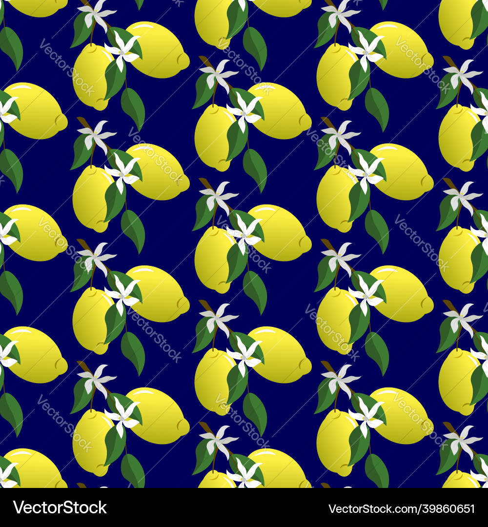 Pattern with yellow lemons and flowers on a blue Vector Image