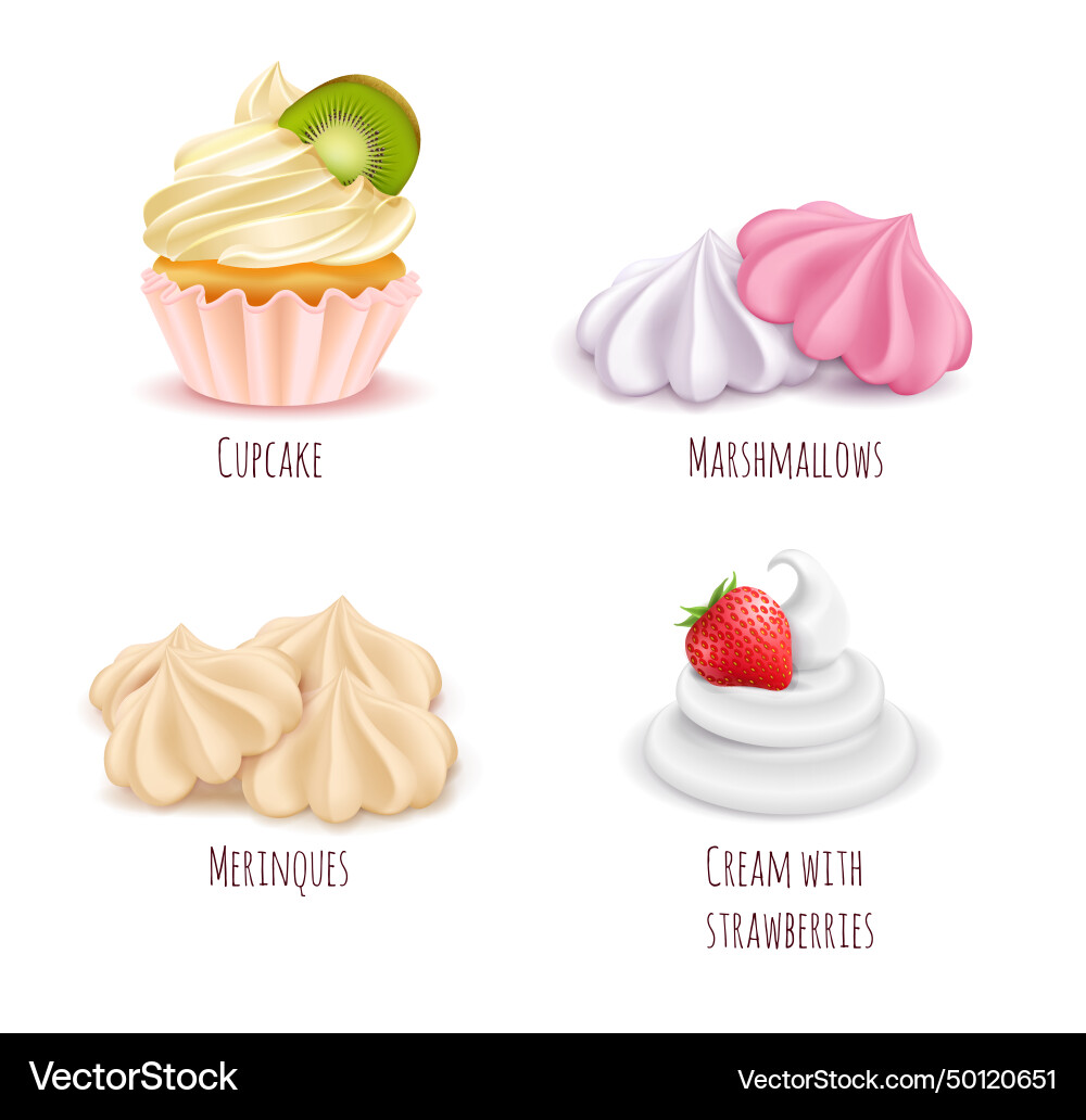 Whipped cream desserts realistic icon set Vector Image