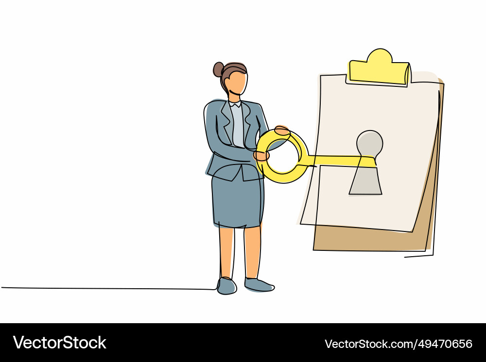 Continuous one line drawing businesswoman put key Vector Image