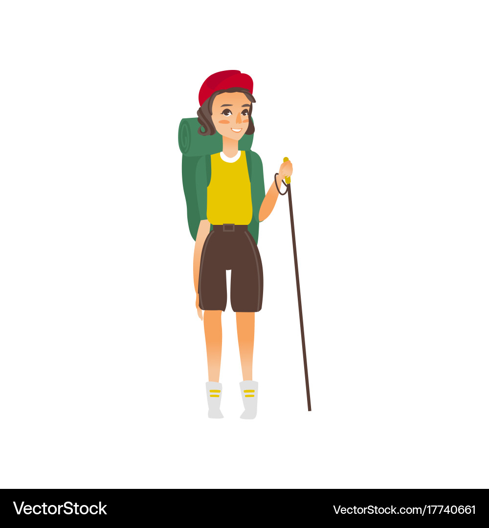 Flat girl hiker with backpack trekking pole Vector Image