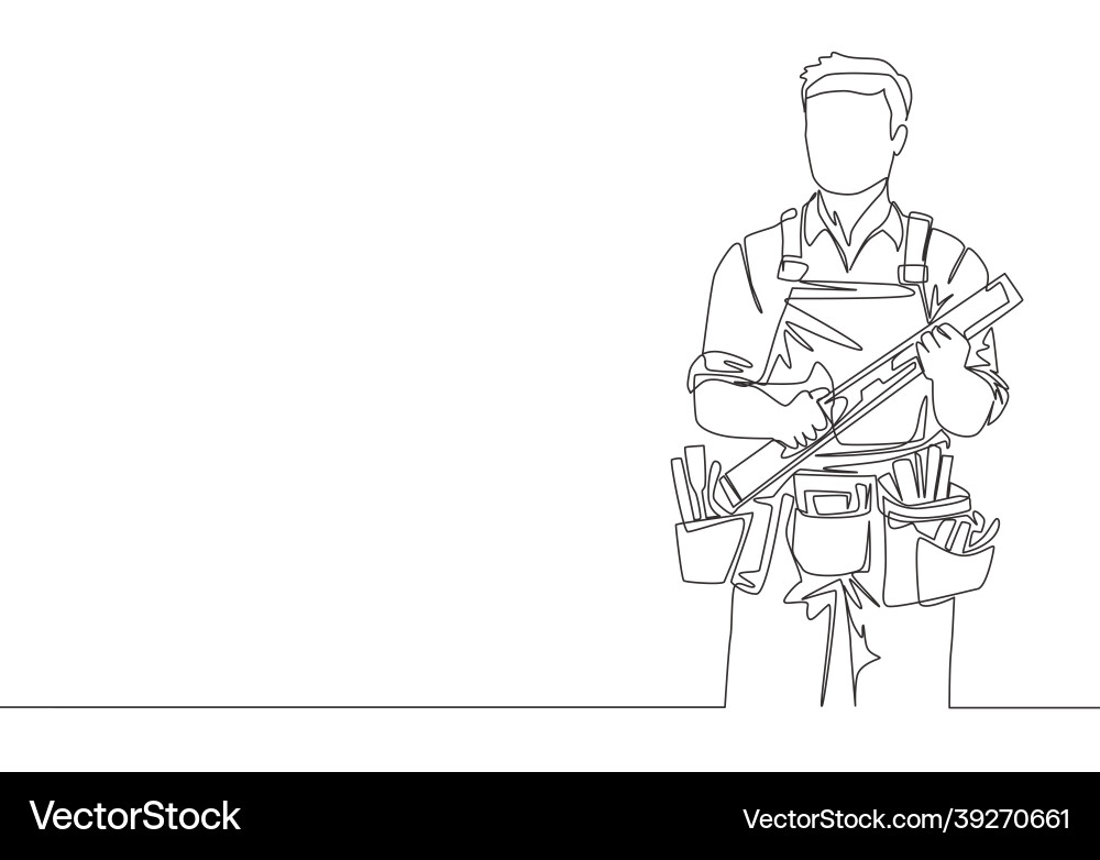 Single continuous line drawing of young handyman Vector Image