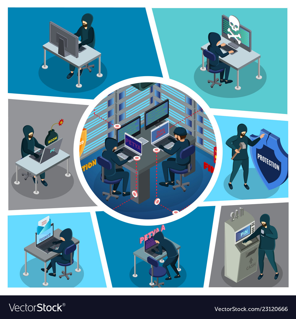 Isometric Hacker Activity Composition Royalty Free Vector