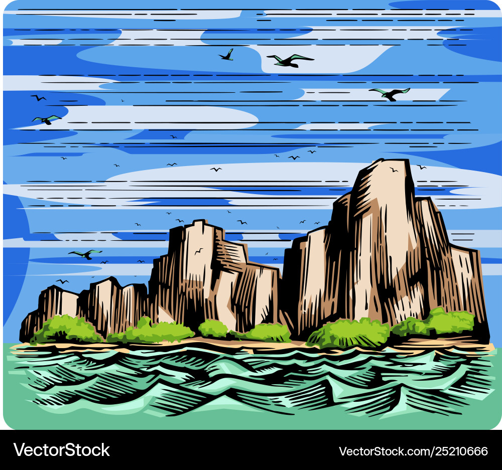 Seashore rocks and seagulls landscape Royalty Free Vector