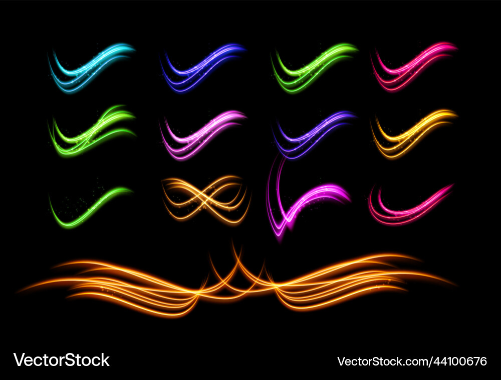 Set of light line neon swirl effect bokeh Vector Image