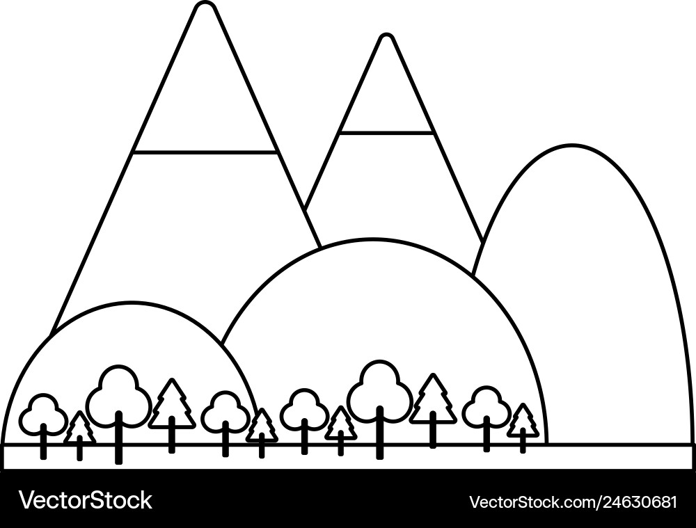Mountains and trees cartoon in black white Vector Image