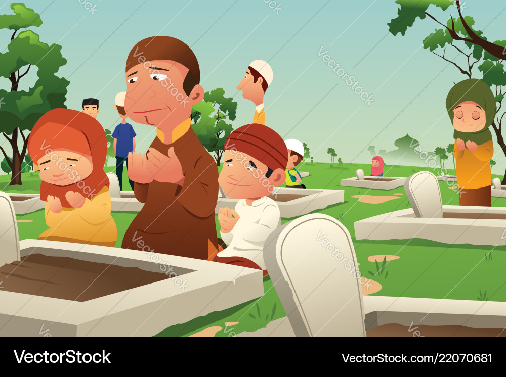 Muslims visiting and praying at cemetery Vector Image