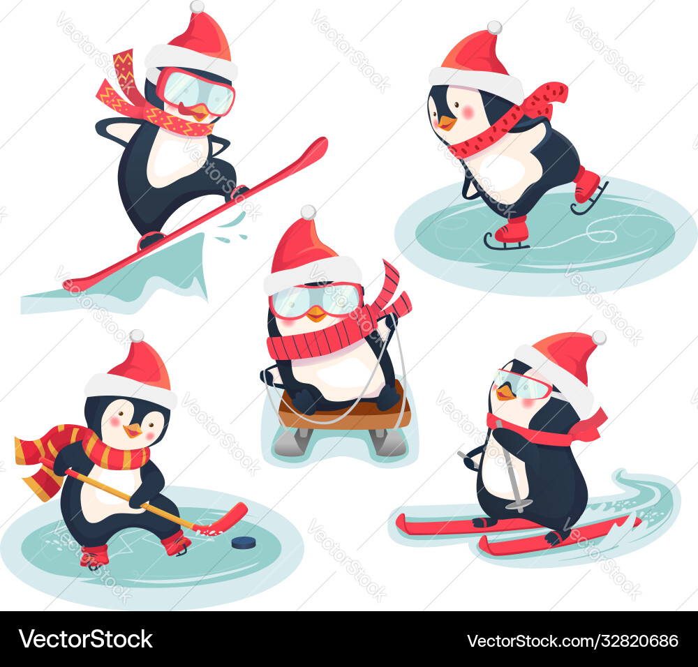 Active penguins in winter concept Royalty Free Vector Image