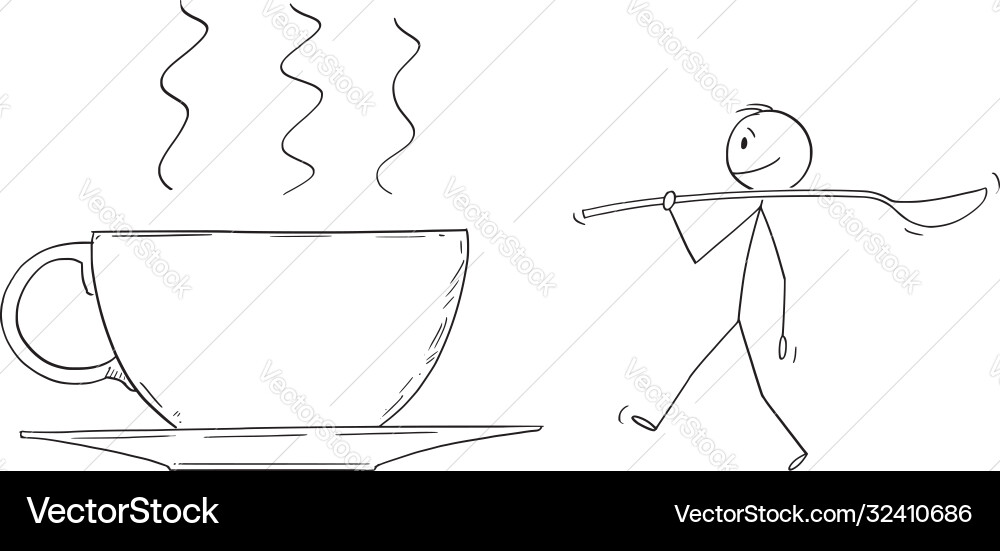 Cartoon big cup coffee or tea and small man Vector Image