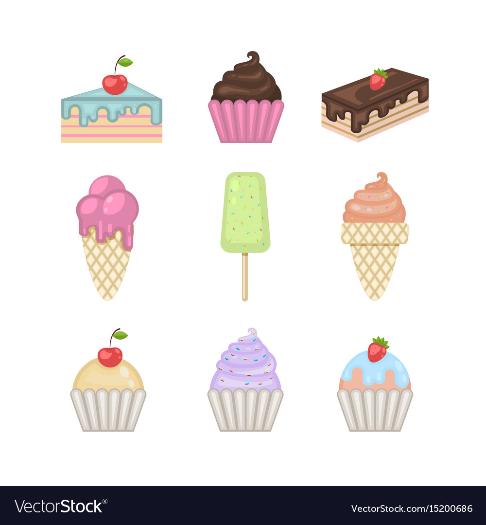 Sweets set ice creamcupcakecakepie Royalty Free Vector Image