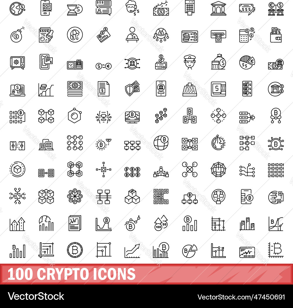 100 crypto icons set outline style Royalty Free Vector Image