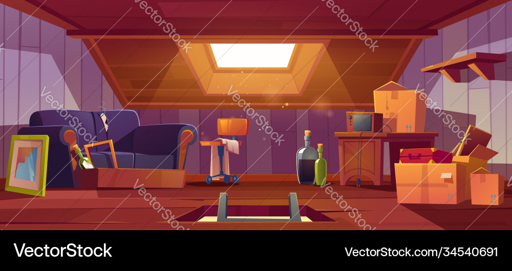 Attic room with ladder in hatch old things window Vector Image