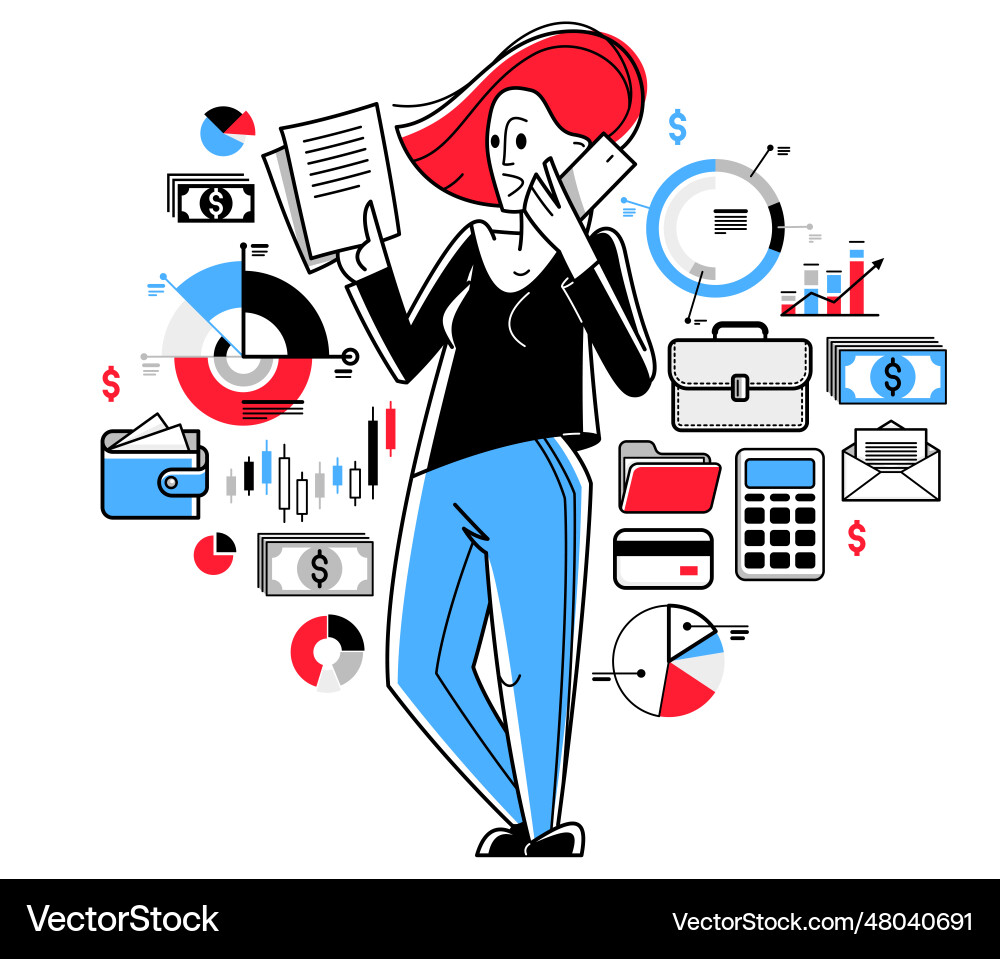 Financier working with charts and bars outline Vector Image