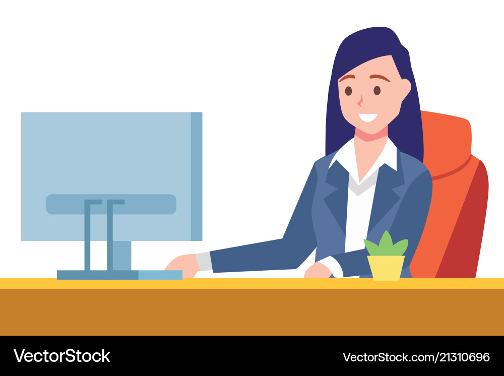 Business woman sit on desk and working computer Vector Image