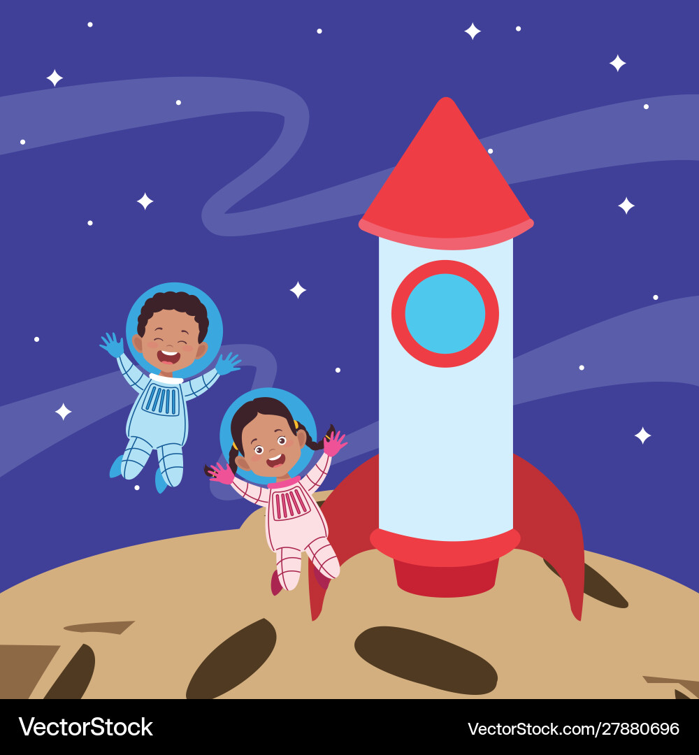 Cartoon astronaut kids and space rocket Royalty Free Vector