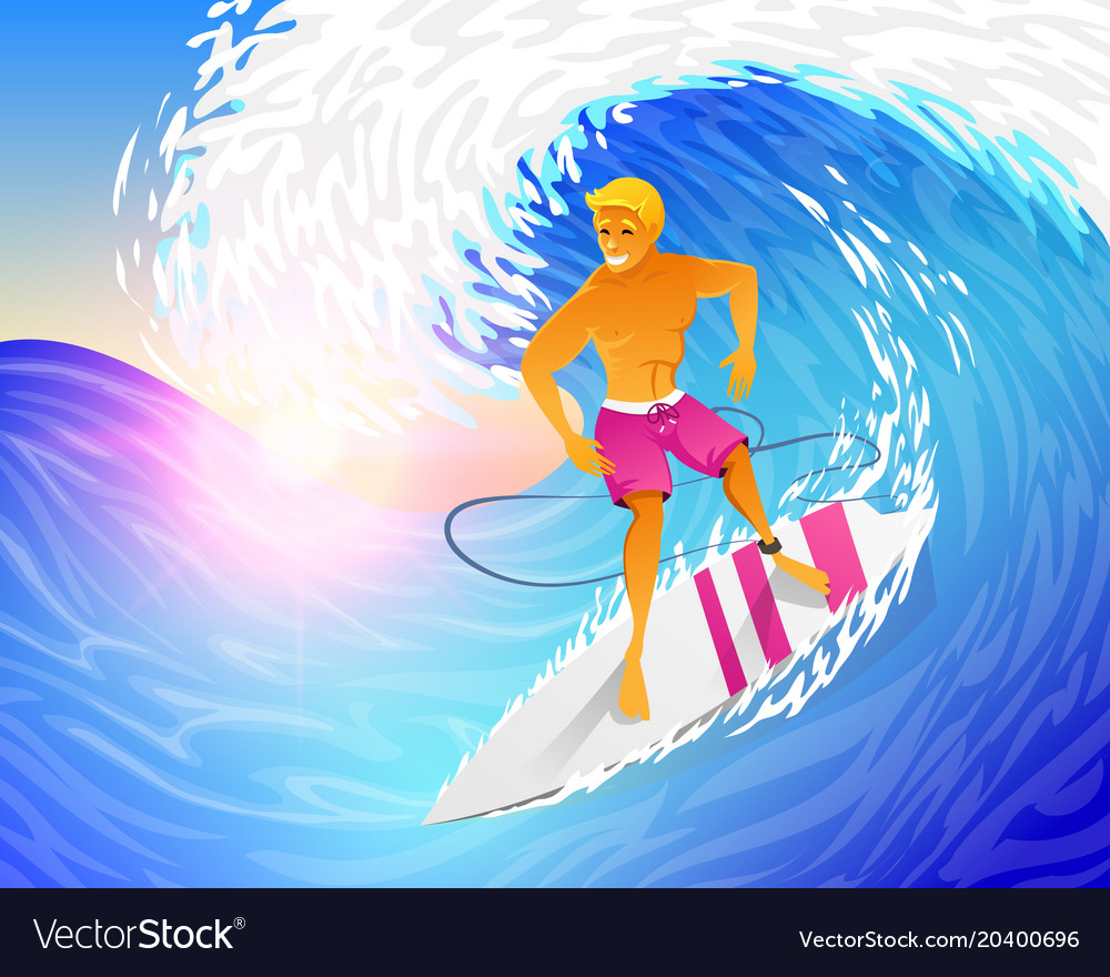 Surfer riding on blue ocean wave with surfboard Vector Image