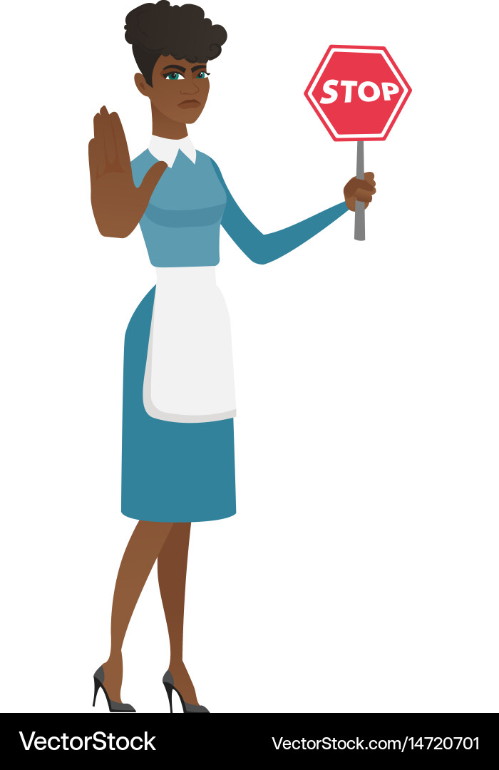 African cleaner holding stop road sign Royalty Free Vector