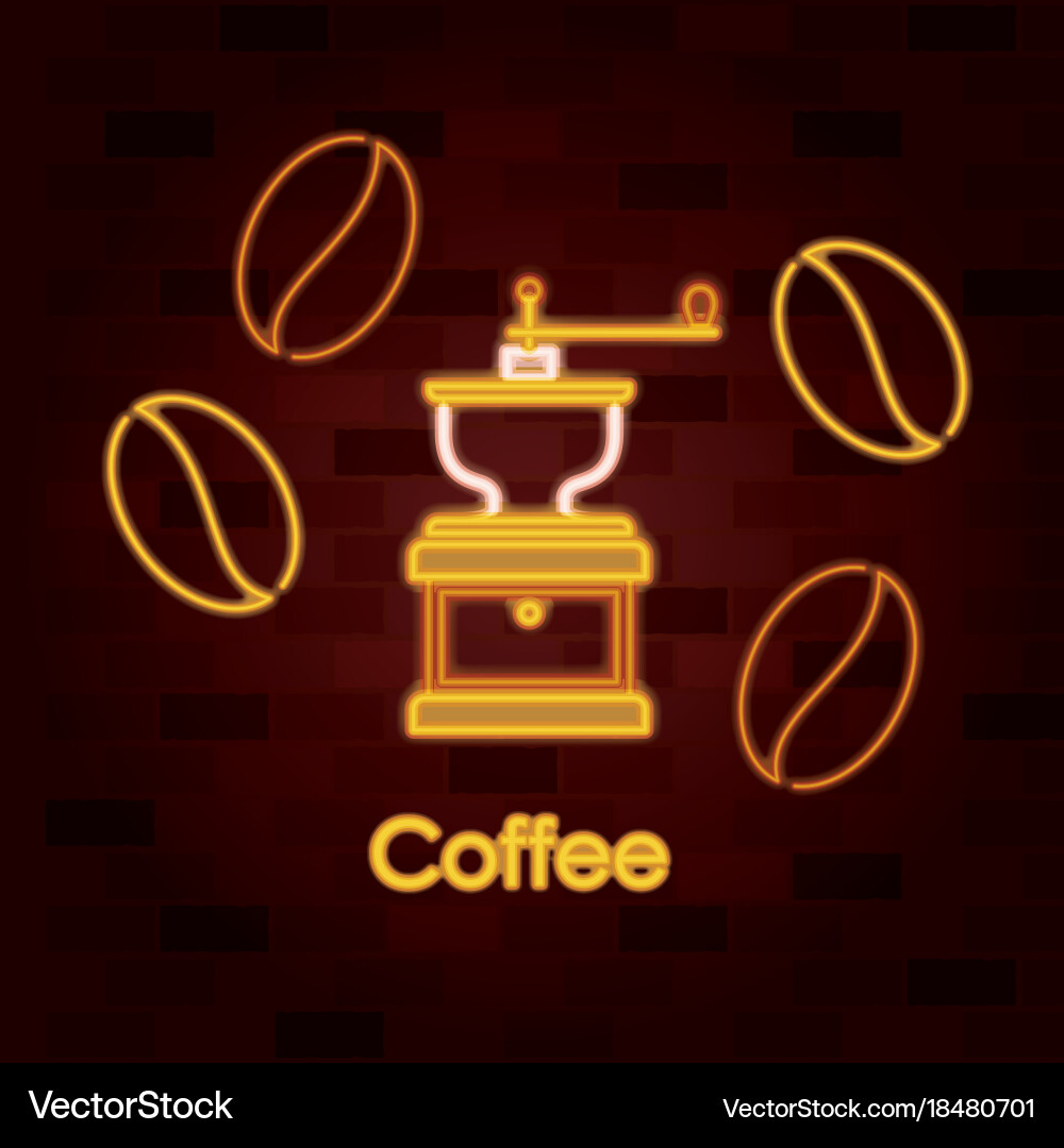 Coffee beans and grinder on neon sign Royalty Free Vector