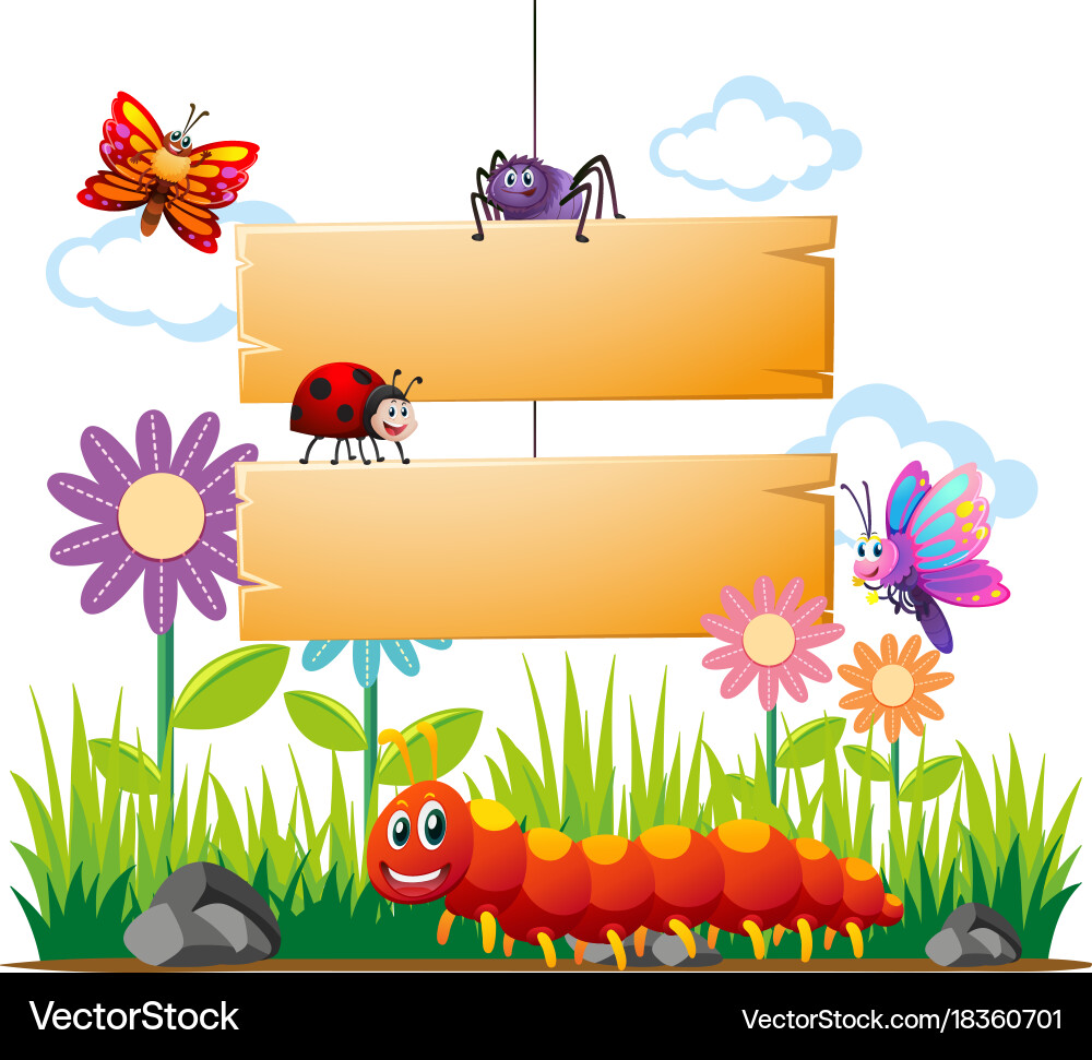Wooden board template with many insects Royalty Free Vector