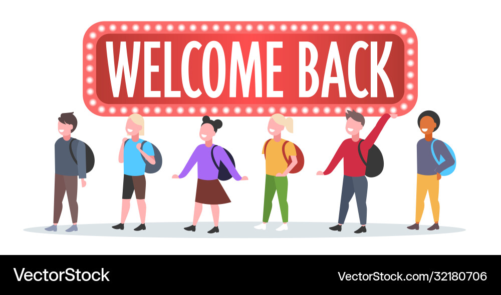 Pupils with backpacks standing together welcome Vector Image