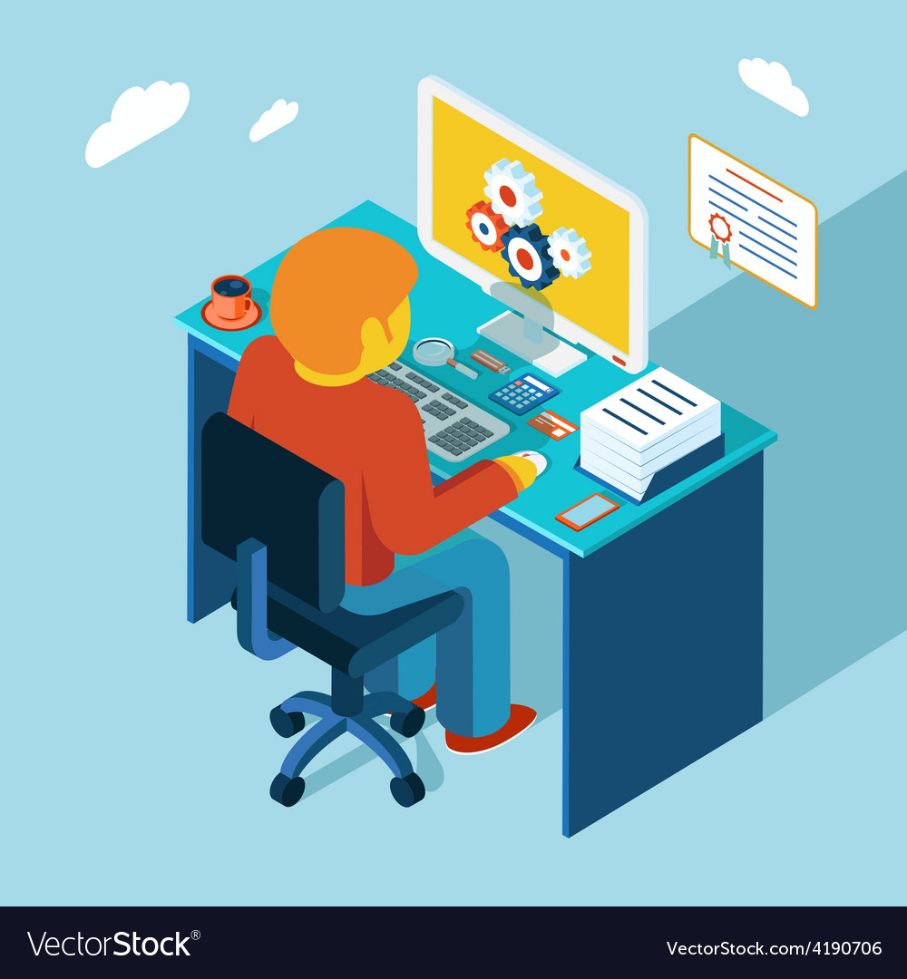 Workplace Working at computer Flat 3d isometric Vector Image