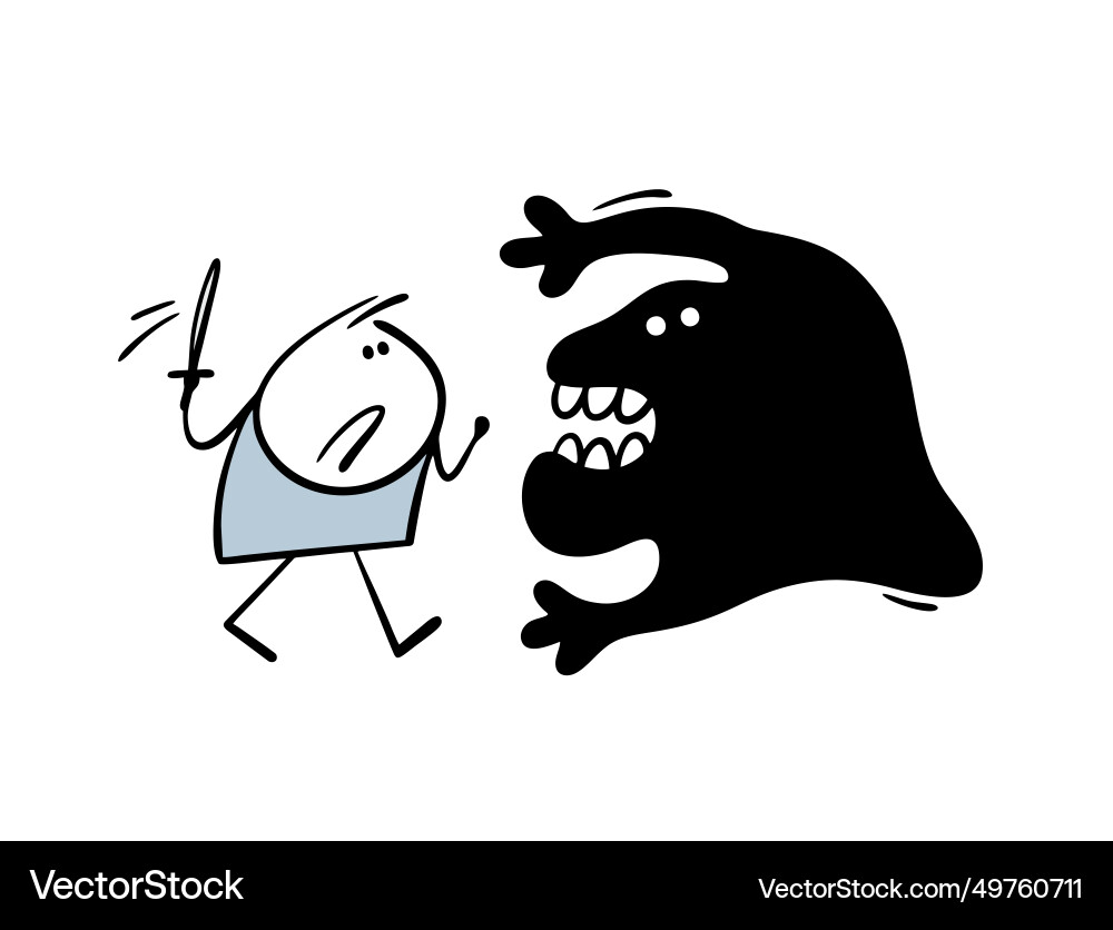 Brave stickman with ball attacks a black monster Vector Image